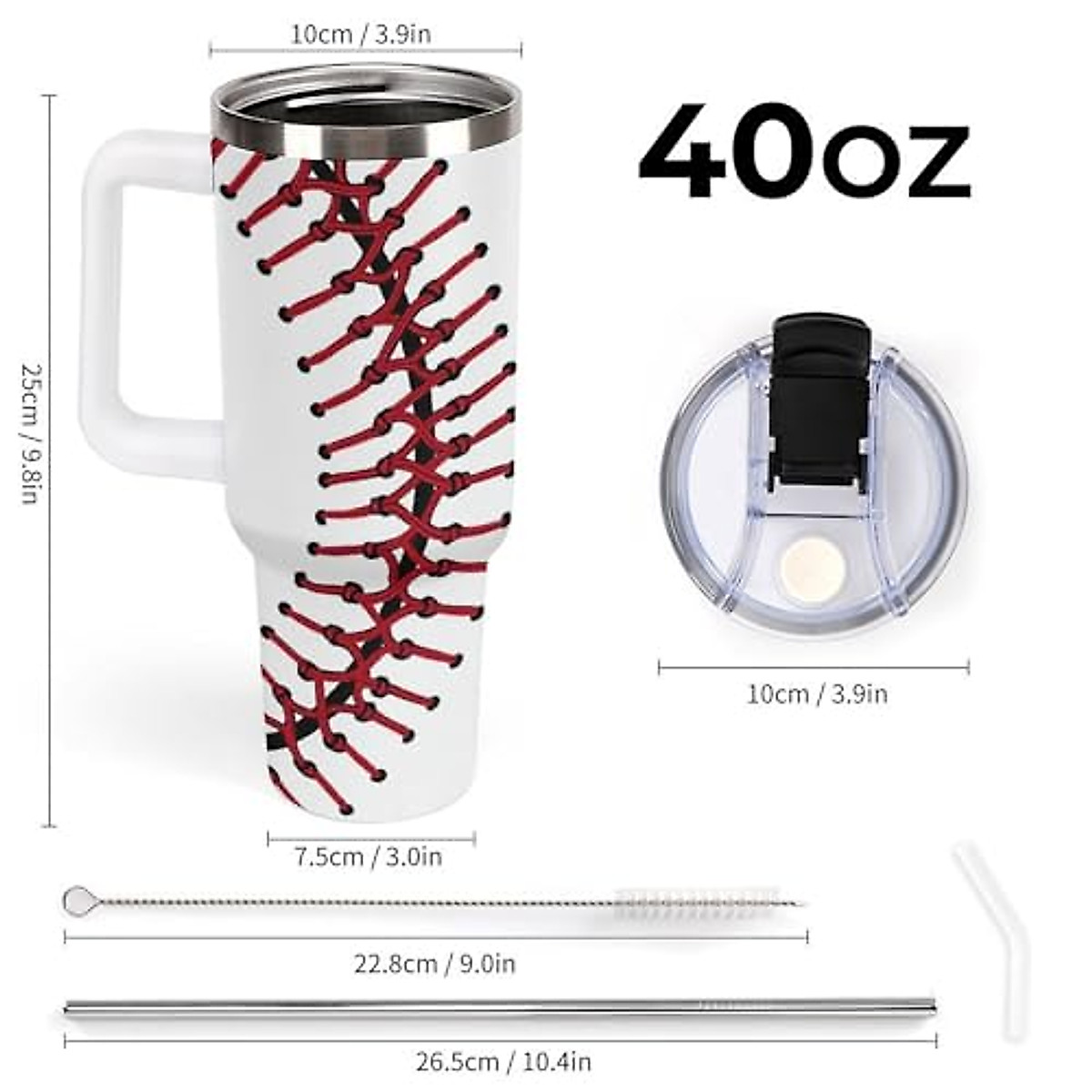 40 Oz Baseball Insulated Stainless Steel Tumbler with Handle & Straw Lid, Reusable Travel Cupholder Friendly Mug for Coffee, Water, Tea