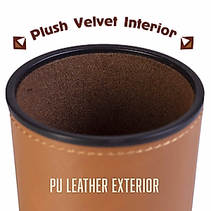 5 Leather Dice Cups and 25 Bullseye Dice by Bullseye Game Night | Classic Dice for Farkle, Liar's Dice, Bunco | Brown