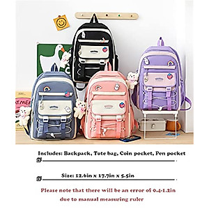 LsdgFriday Kawaii Backpack Set 4Pcs Canvas School Bag with Cute Pendants Pins Accessories for Teen Girls Aesthetic Backpack Shoulder Tote Bags Daypack for Back To School