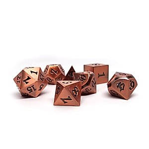 Legendary Copper Metal Polyhedral Dice Set with Black Signature Font - 7 Piece Collection
