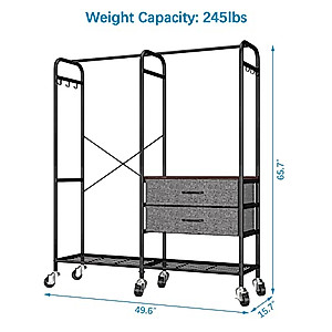 Timate P4 Rolling Clothes Rack for Hanging Clothes Portable Freestanding Garment Rack with Lockable Wheels, Heavy Duty Clothing Rack with Storage Drawers hanging Rods side Hooks Wire Shelves, Black