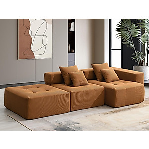 105.5" Modular Sectional Sofa Couch for Living Room, L-Shape Upholstered Cloud Couch with 4 Pillow, Modern Minimalist Couches, Deep Seat, No Assembly Required(Brown,Corduroy,Frameless)