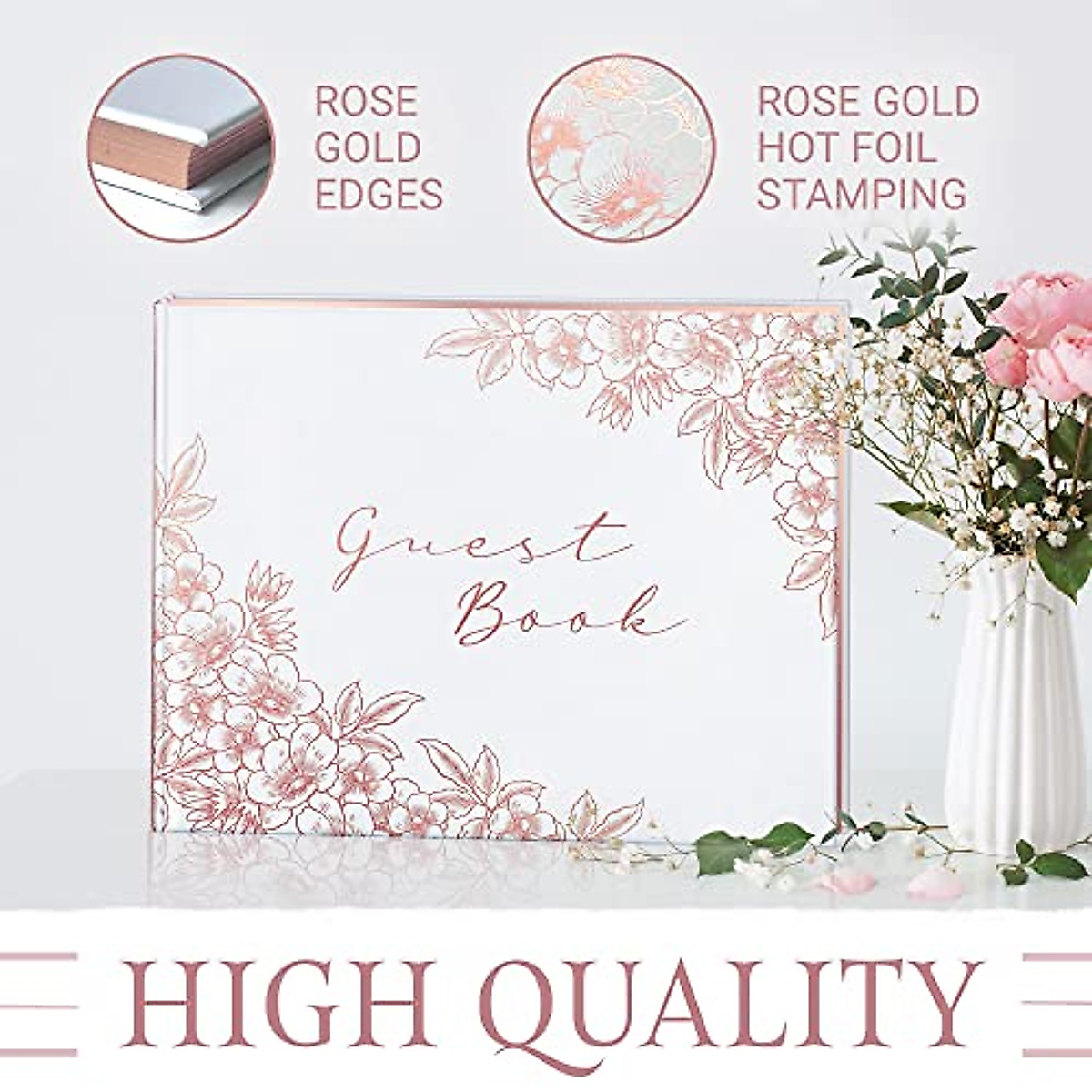 Floral Wedding Guest Book, Wedding Guestbook with Gold Pen, Guest Book Wedding Rose Gold Stamping, Bridal Shower Guest Book Rose Gold Paper Edge, Wedding Guestbook Alternative, Guestbook Wedding