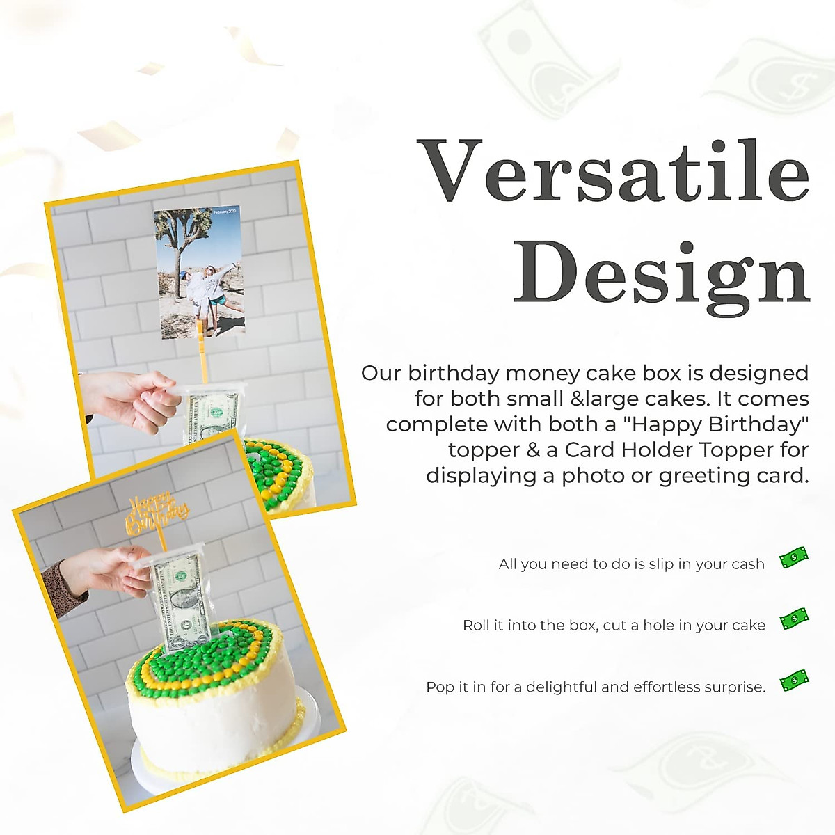 The Money Cake - Money Cake Pull Out Kit Includes 1 Money Box 2 Plastic Roll 40 Transparent Bag Connected Pocket Each, and 2 Surprise Cake Toppers for Birthday and Graduation Parties