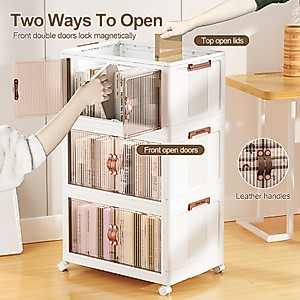 Fangtueh 15.5Gal Plastic Storage Bins with Lids, 3Pack Stackable Closet Organizers and Storage, Collapsible Storage Bins with Magnetic Doors, Folding Storage Box with Wheels for Home College Dorm Room