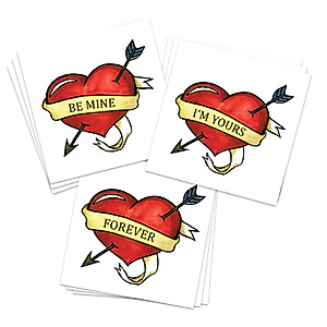 FashionTats Love Heart Temporary Tattoos | Pack of 9 | Valentine's Classic Style - Be Mine - I'm Yours - Forever" | Skin Safe | MADE IN THE USA | Removable