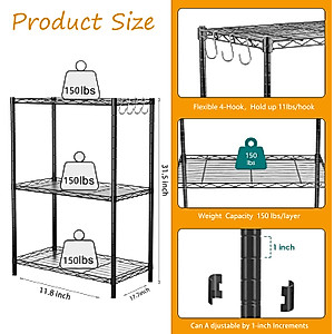 Yaliuliu 3 Tier Black Storage Racks and Shelving - Metal Steel Pantry Shelves - Adjustable Storage Shelf Metal Storage Organizer Wire Rack, Suitable for Kitchen, Bathroom, Bedroom,Closet
