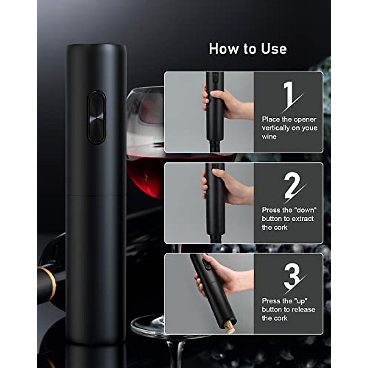 SENZER Electric Wine Opener Battery Operated Bottle Openers Reusable Wine Corkscrew for Kitchen Home Bar Restaurant - Black