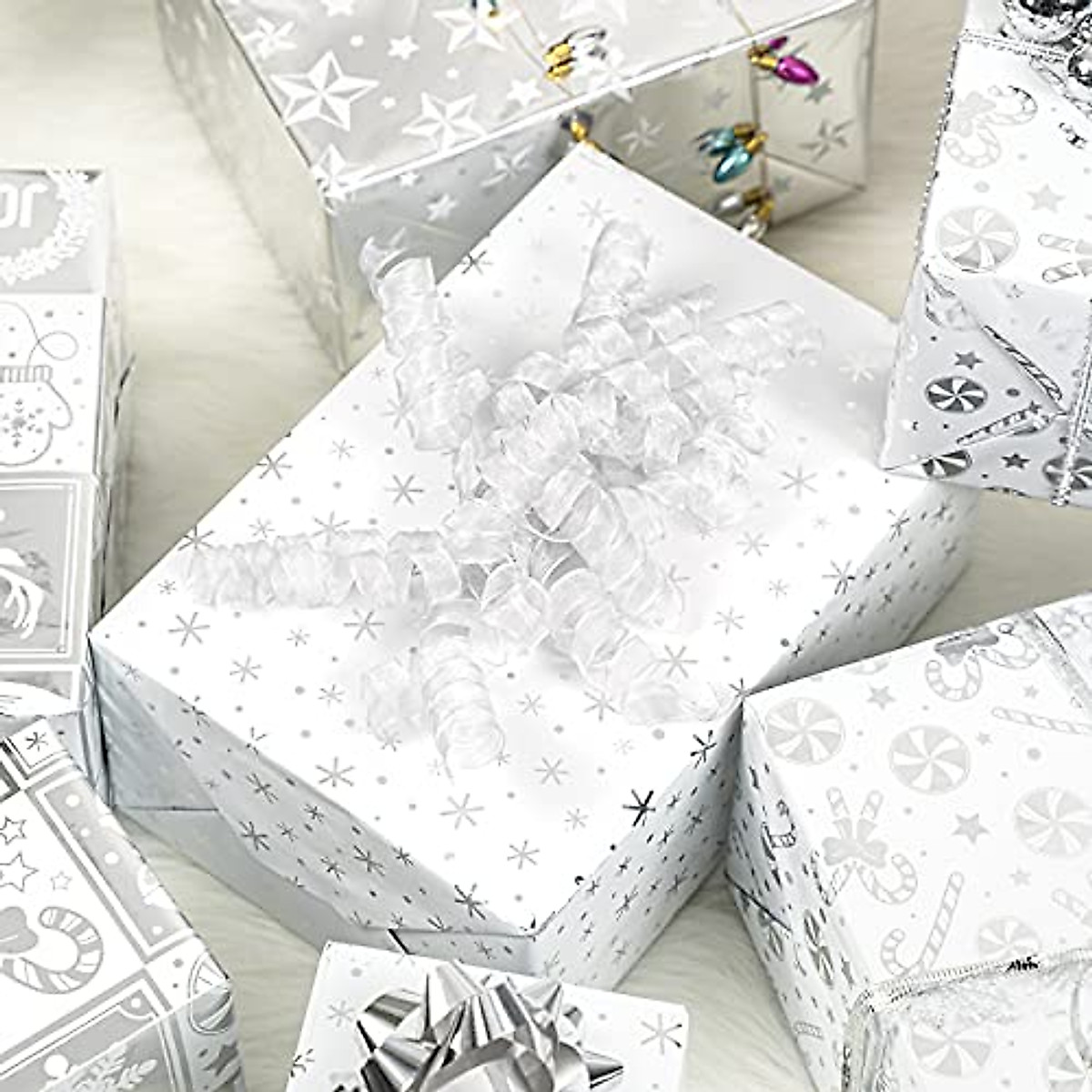 WRAPAHOLIC Christmas Wrapping Paper Roll - Silver Snowflakes, Candy Cane Holiday Collection with Metallic Foil Shine - 4 Rolls - 30 Inch X 120 Inch Per Roll