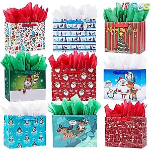 Elephant-package 18 Pack Christmas Gift Paper Bags with Tissue Papers Bulk, Medium Christmas Gift Bags Assorted Desgins with Handles and Tags Christmas Xmas Holiday Party Supplies.