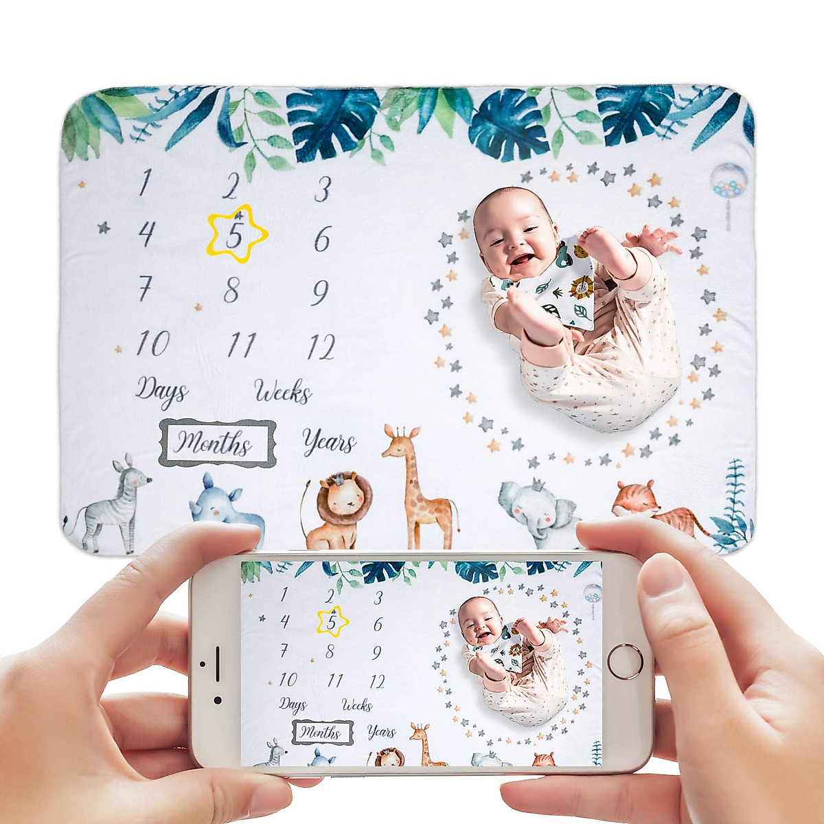 Baby Monthly Milestone Blanket - Nursery Decor for Newborn Baby Shower - Personalized Soft Fleece First Year with Days/Weeks/Months/Years - Markers & Frame &12 Stickers Included - Large 55"x40"