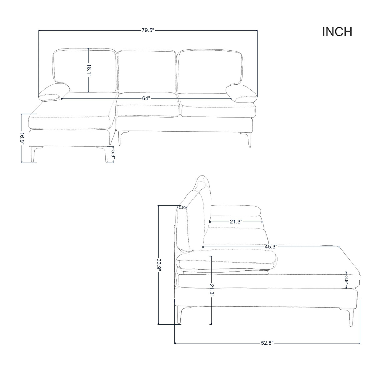KoiHome 79.5" Left Hand Facing Sectional Sofa Couch with 2 Detachable Armrest Pillows, Modern Fabric 3-seater L Shape Chaise with Gold Metal Legs for Living Room,Apartment,Office, Polyester, Black