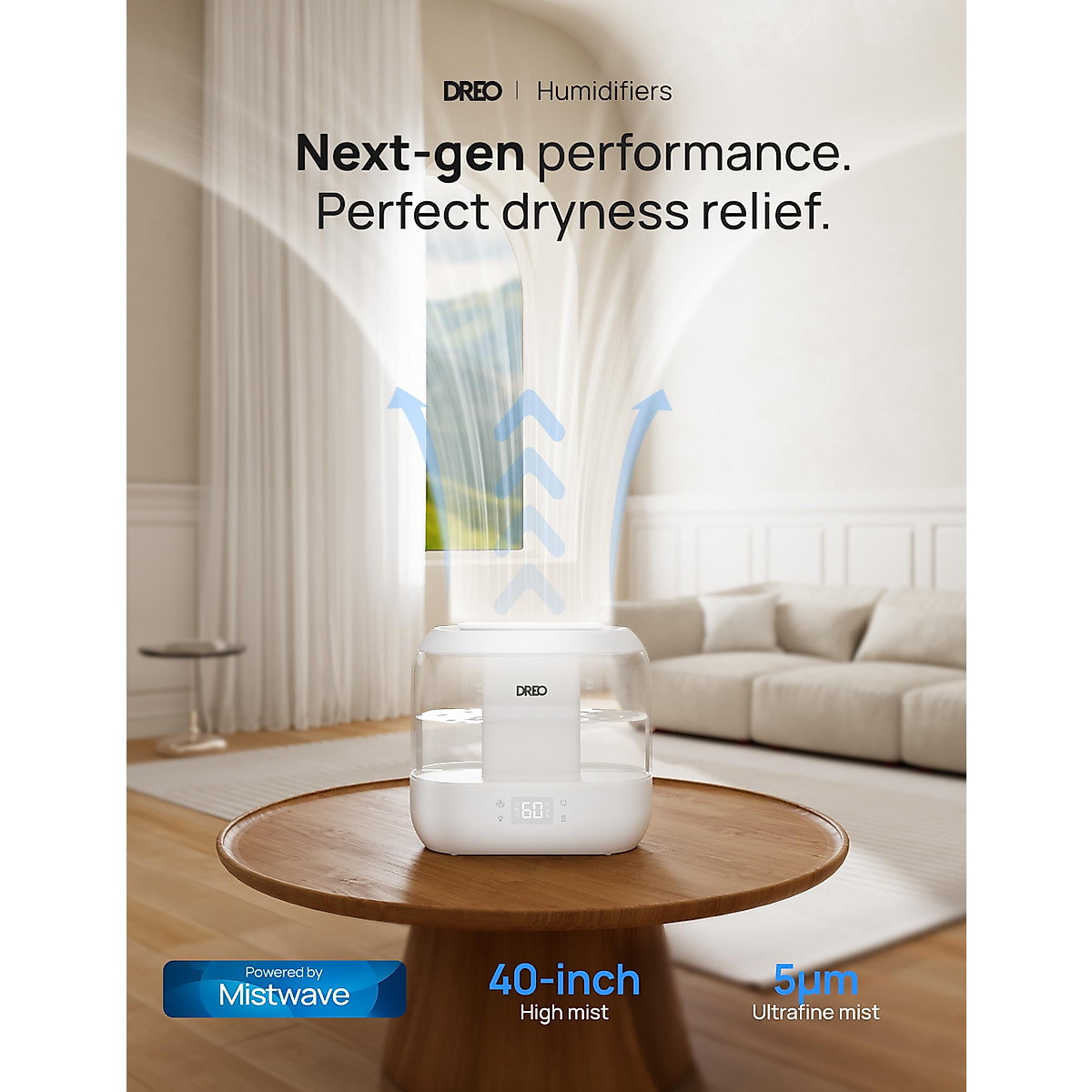 Dreo Smart Humidifier, Cool Mist Humidifiers for Bedroom, Quiet 4L Top Fill Ultrasonic Humidifiers for Home Office Plant & Baby with Nightlight, LED Display, 32H Runtime, APP/Voice Control, HM311S