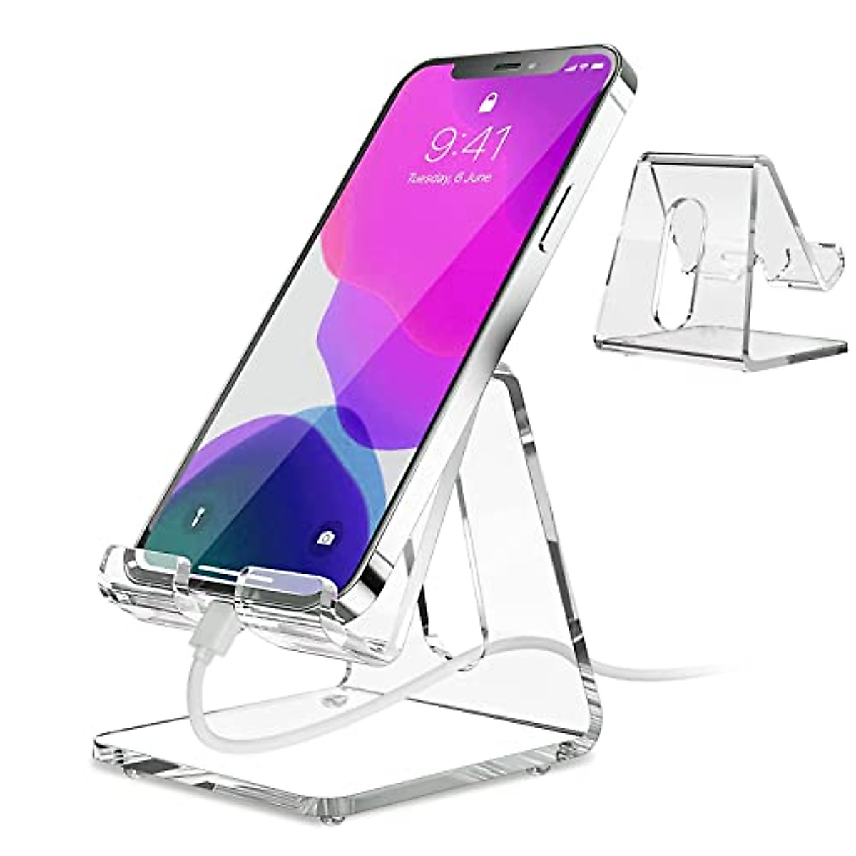 KTRIO Acrylic Cell Phone Stand, Clear Phone Holder, Transparent Phone Stand for Desk Phone Dock Cradle Compatible with iPhone 14 13 Pro Max 12 11 XR, All Smartphones 4-8 inch, Desk Accessories
