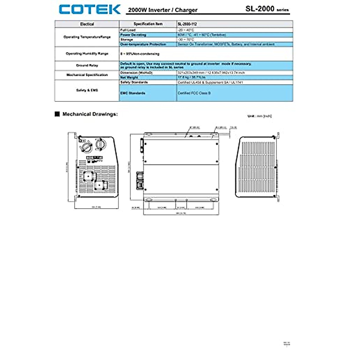 Cotek SL-2000-112 Low Frequency Pure Sine Wave Bidirectional Inverter/Charger with Transfer Switch 120VAC 12VDC 2000W
