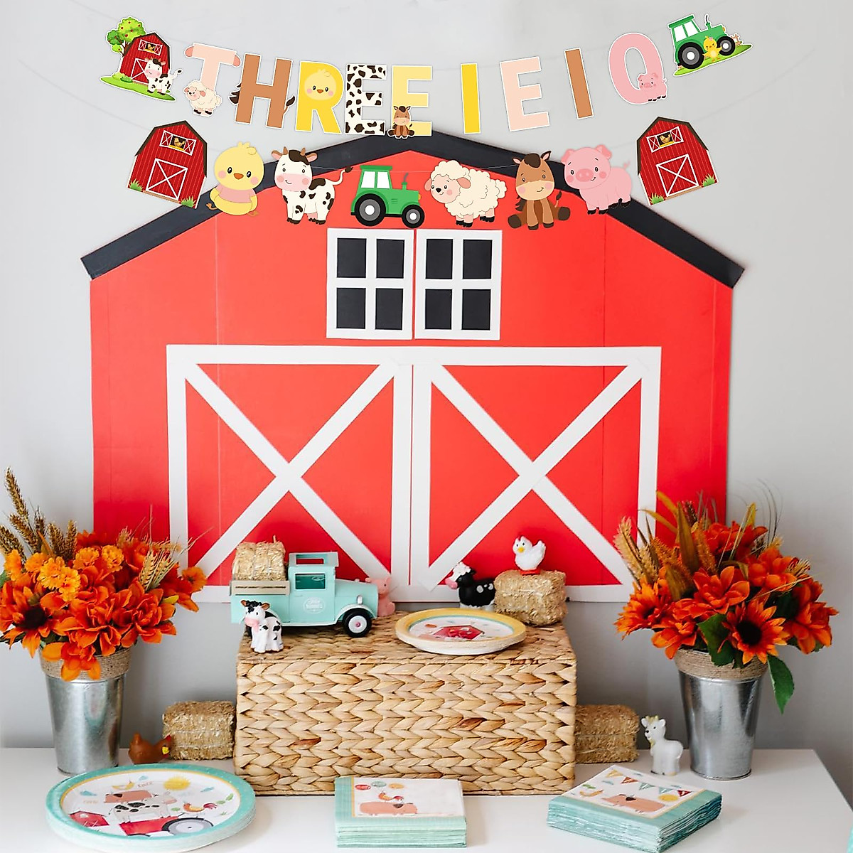 Sursurprise Farm 3rd Birthday Decorations, THREE I E I O Farm Animals Banner for Barnyard Farm Birthday Party Supplies
