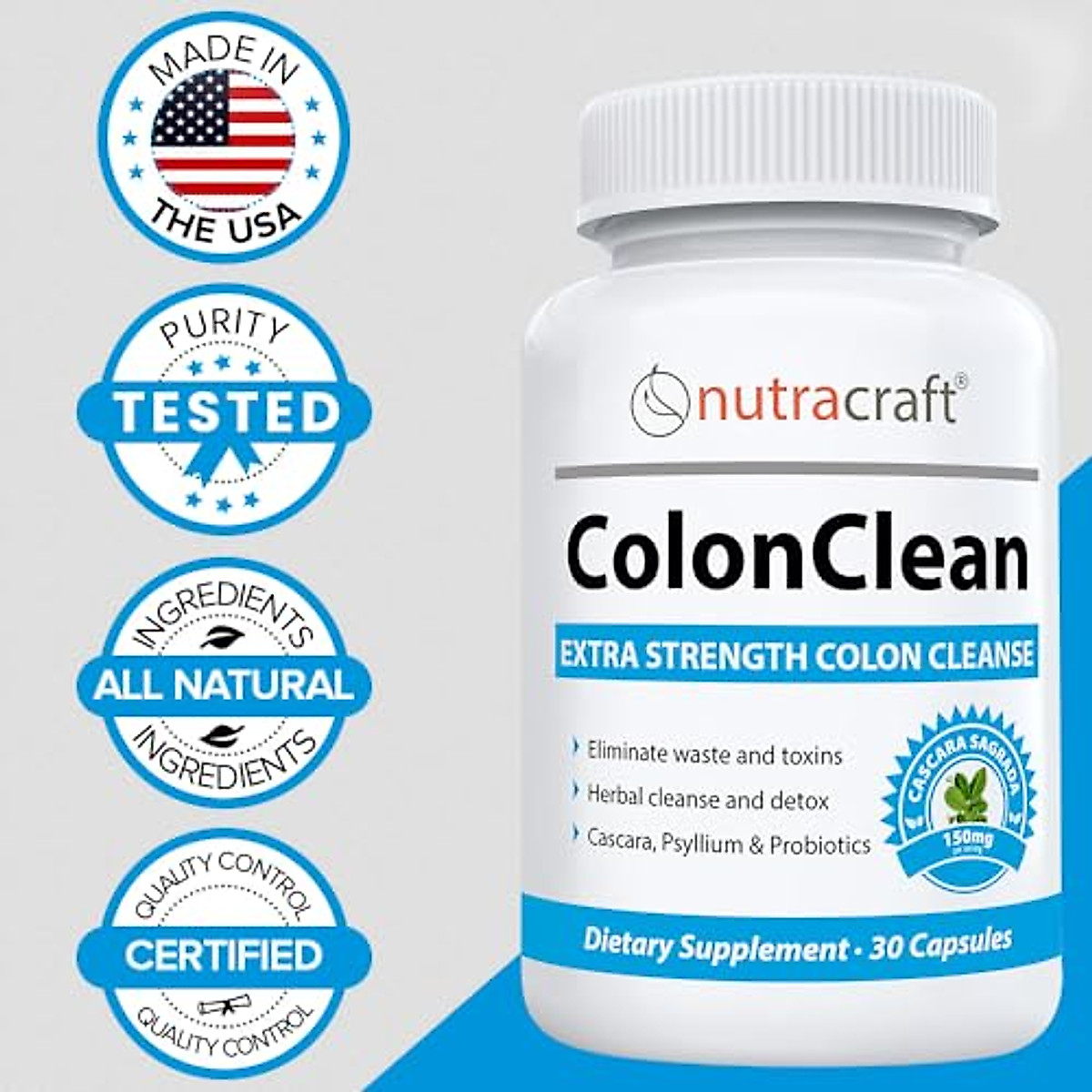 Nutracraft ColonClean #1 Colon Detox and Constipation Relief | Senna, Cascara Sagrada, Psyllium, MCT, Aloe and Probiotics | 30 Capsules