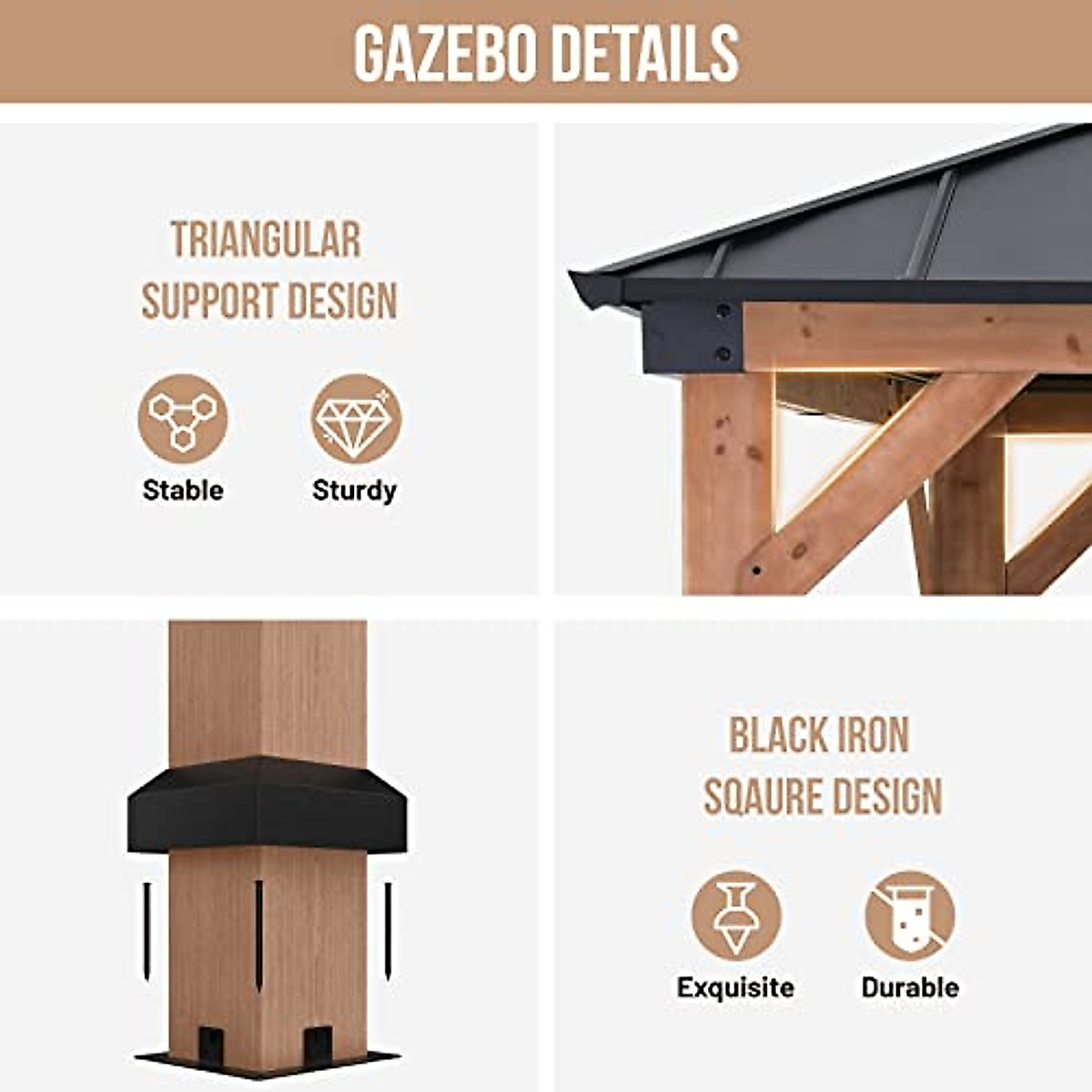 ABCCANOPY Wood Gazebo 11x13 - Outdoor Patio Wooden Gazebo with Hardtop Metal Double Roof for Garden, Backyard and Deck