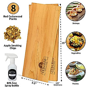 Grilling Planks Set - 8 Natural 100% Cedar Boards, Amazing Cedar Aroma, For Salmon, Shrimp, Fish, Vegetables, Apple Chips For Smoking, Cocktail Drinks, & Non-BPA Spray Bottle, Gift Set For BBQ Master