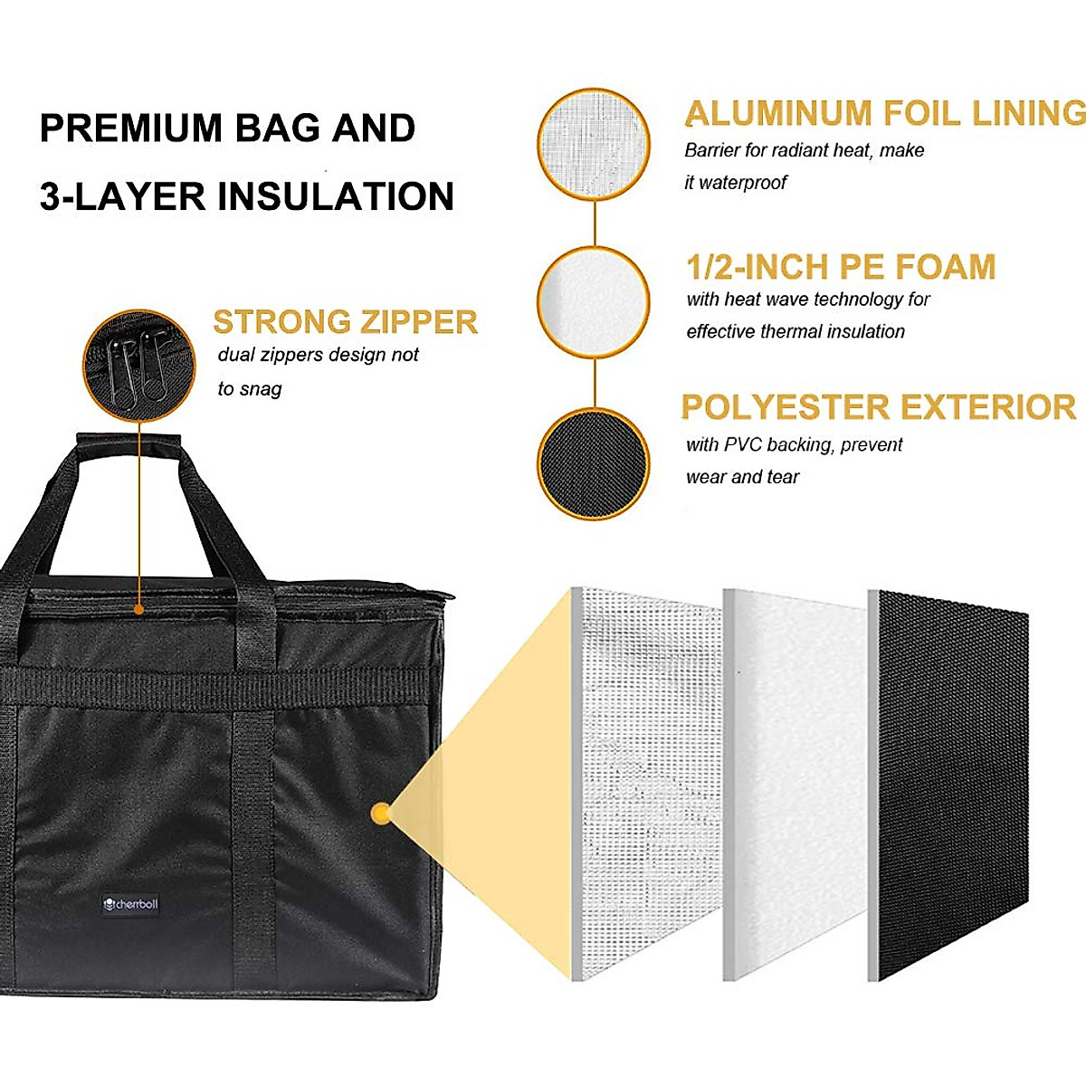 cherrboll Insulated Food Delivery Bag, Commercial Grade Food Warmer with Detachable Dividers & Shoulder Strap, Thick Thermal Carrier for Restaurant Catering Transport