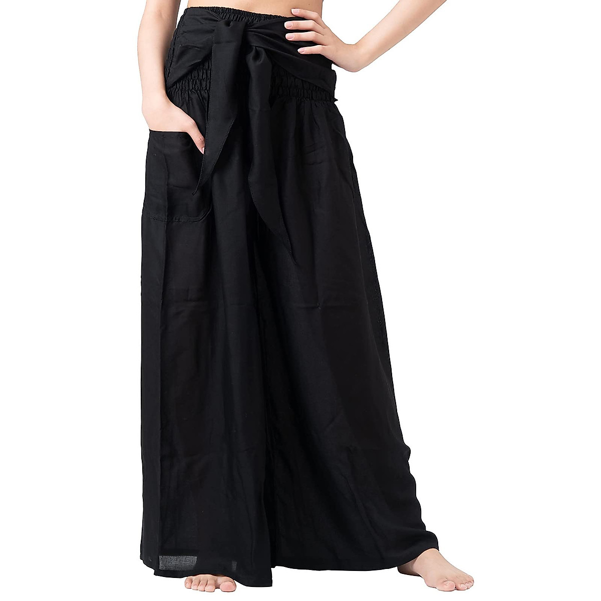 Women Plus Size Boho Pants Vintage Casual Yoga Stretchy Wide Leg Fold Over High Waist Trousers with (Black-A, XXL)