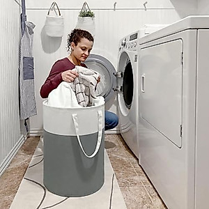 Goodpick 60L Laundry Basket with Lid, Collapsible Laundry Hamper for College Dorm, Foldable Dirty Clothes Basket, Storage Laundry Bin with Handles, 1 Pack, 60L, White & Grey