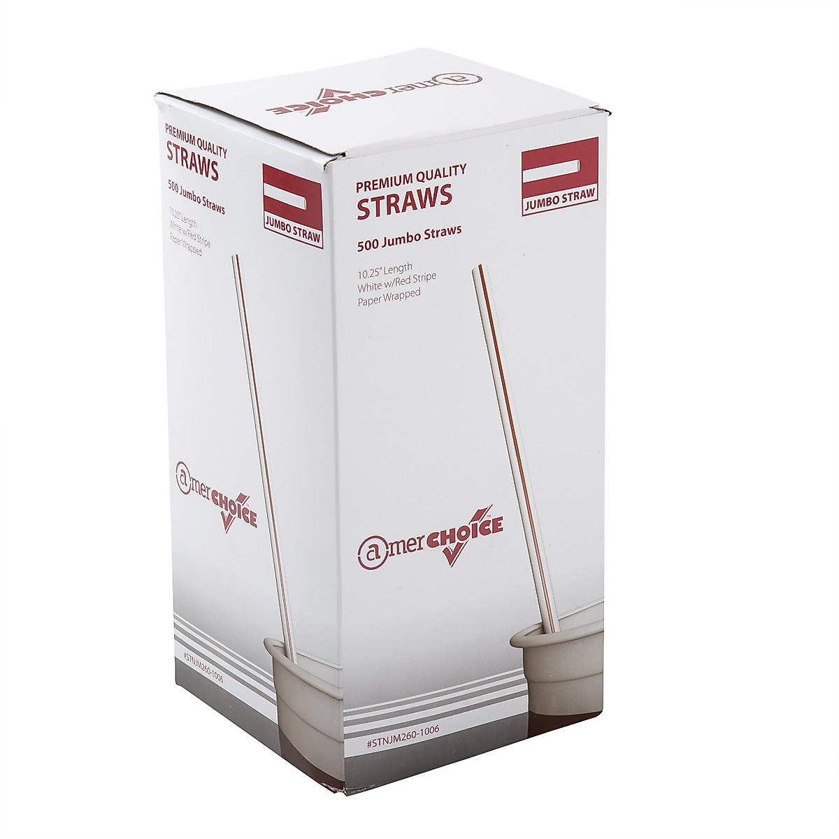 AmerCare 10.25 Inch Jumbo White with Red Stripes Paper Wrapped Straws, Case of 2000