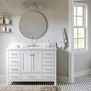 ARIEL 48" White Bathroom Vanity Base Cabinet, Single Sink Configuration, 2 Soft Closing Doors, 9 Full Extension Dovetail Drawers, Brushed Nickel