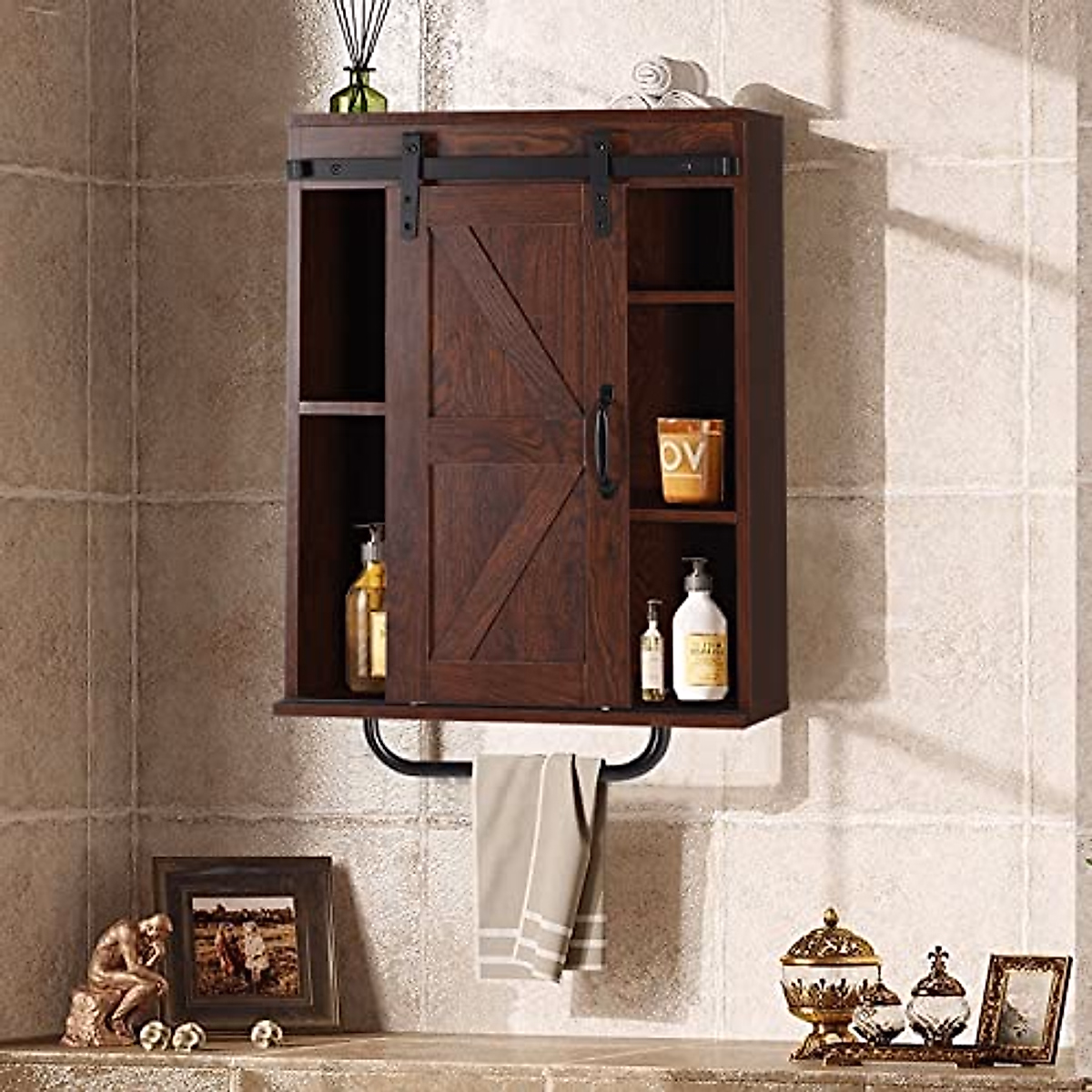 LUCKWIND Bathroom Farmhouse Medicine Cabinet with Sliding Barn Door, Retro Rustic Brown Wall Mounted Bathroom Cabinet w/Removable Towel Bar,Spaces Saving Storage Cabinet for Bathroom,Kitchen,Entryway