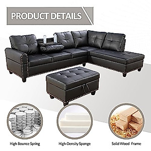GEBADOL Living Room Furniture Sets,Small Leather Sectional Sofa,L Shaped Couch with Cup Holder and Ottoman(Right-Facing,Black Leather Sofa)