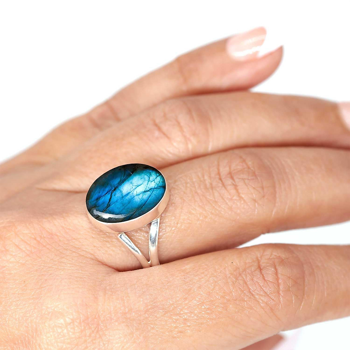 JEWELOPORIUM 925 Sterling Silver Ring for Women Gray Real Labradorite Stone Boho Silver Ring Size 10 Anniversary - Gift Statement Jewelry