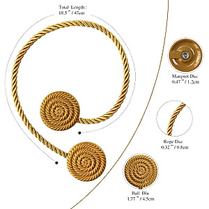 Hangtty Magnetic Curtain Tie Backs 2 Pack Rope Curtain Tiebacks Decorative Curtain Holders for Drapes Window Treatment Holdbacks Home Outdoor Curtain Tiebacks, Gold