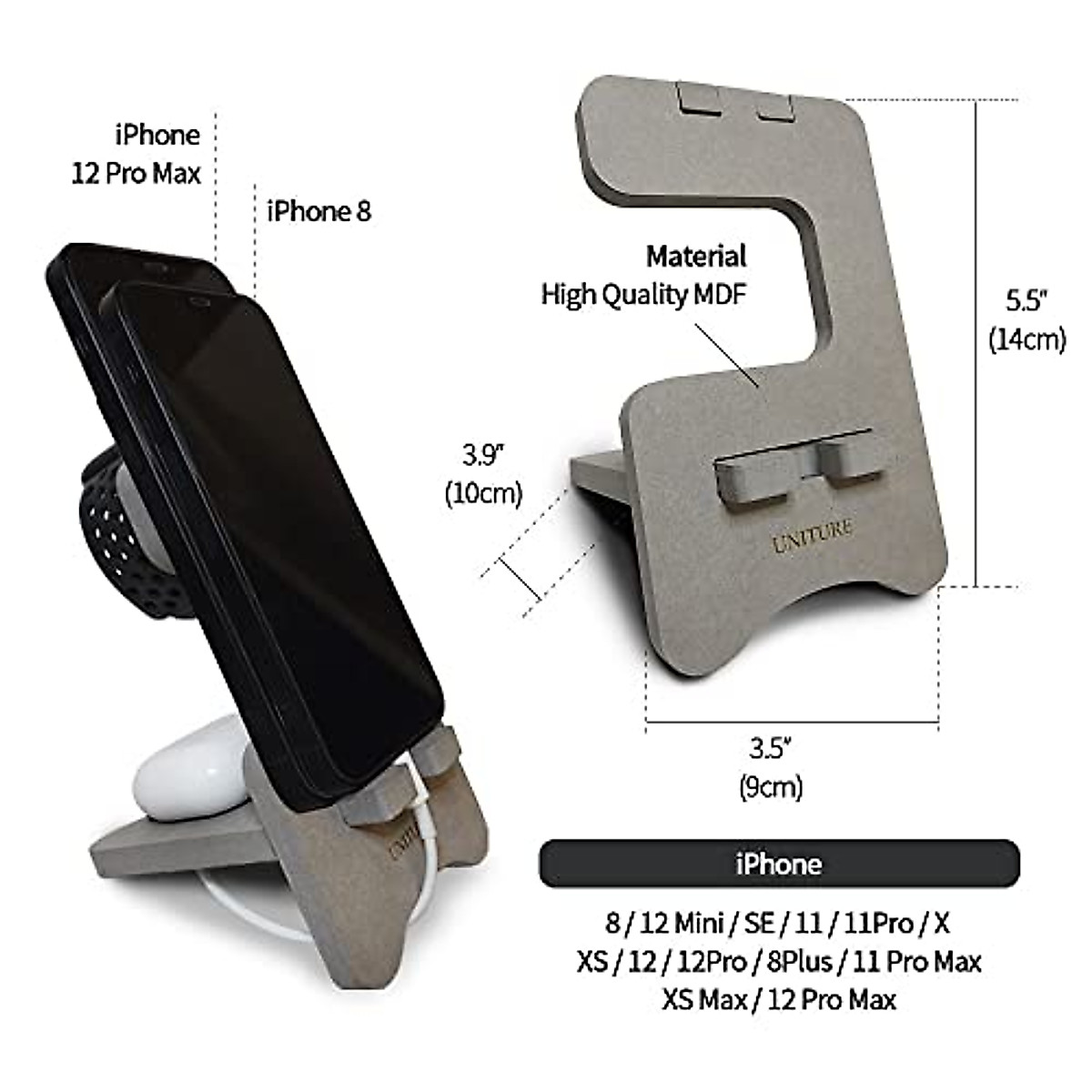 Cell Phone Wood Holder for Desk - Gray - MDF Wooden Phone Stand Compatible with iPhone, Apple Watch, and AirPods Premium Cell Phone Desk Stand Holder for Men and Women the Office Desktop Accessories