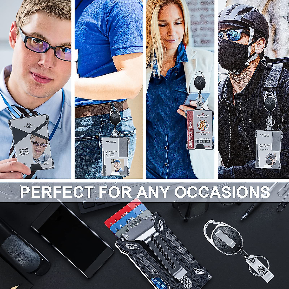 Minimalist Wallet for Men - Ultra Slim Aluminum Credit Card Holder Metal Wallet with Clear ID Window Badge Holder, RFID Blocking, Front Pocket Wallet with Money Clip and Retractable Keychain Black