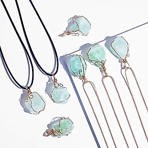 JUNHAN 3PCS Raw Irregular Crystal Pendant Necklace for Women Natural Tumbled Rock Quartz Wrapped Gold Wire Chakra Gemstone Jewelry with 2 Different Chains