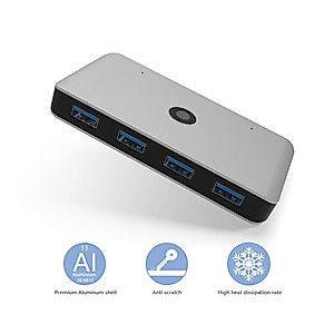 Cateck USB 3.0 Aluminum Sharing Switch Selector 4 Port 2 Computers Peripheral Switcher Adapter Hub for PC, Printer, Scanner, Mouse, Keyboard with One Button Swapping and 2 Pack USB 3.0 Male Cable