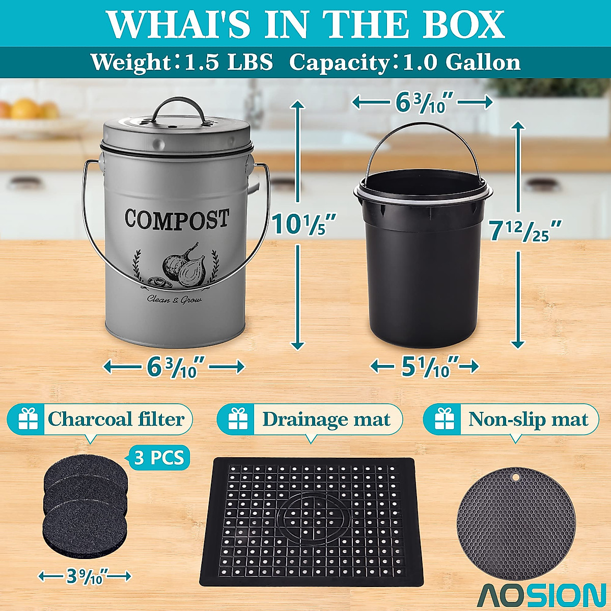 AOSION Countertop Compost Bin Kitchen,Odorless Indoor Compost Bin with Lid and Compost Bags,Compost Bucket Composter Container for Food Waste,Grey