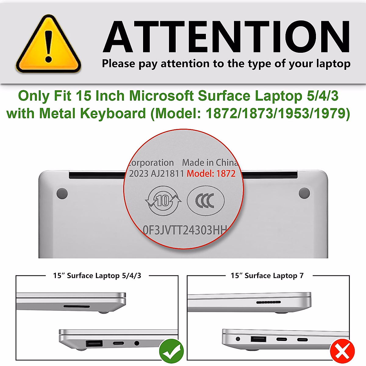 Fintie Case for 15 Inch Microsoft Surface Laptop 5 4 3 with Metal Keyboard (Model: 1872/1873/1953/1979) - Protective Slim Snap On Hard Shell Cover, Crystal Black