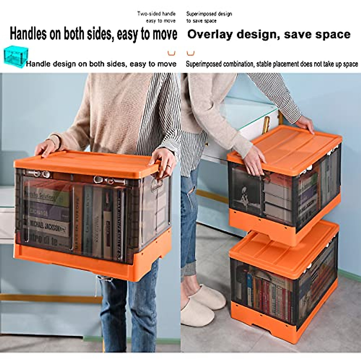 Plastic Collapsible Storage Bins,Stackable Lidded Storage Bins Durable Thick Folding Utility Crates Clear Containers,Storage Cubes Bins Organizer for Wardrobe Closet Groceries-Orange 54l(19.4x14.3x11.