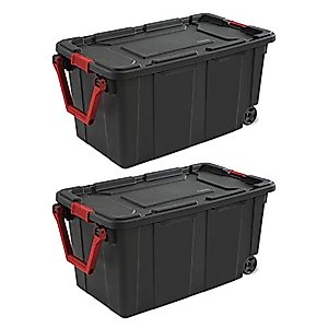 Sterilite 14699002 40 Gallon/151 Liter Wheeled Industrial Tote, Black Lid & Base w/ Racer Red Handle & Latches, 2-Pack