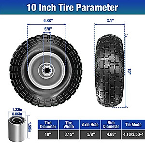 4 Pcs 10" Flat Free Tires Solid Pneumatic Tires Wheels, 4.10/3.50-4 Air Less Tires with 5/8" Center Bearings, for Wheelbarrow/Dolly/Garden Wagon Carts/Hand Truck/Wheel Barrel/Lawn Mower, 4 Pack