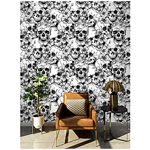 HAOKHOME Gothic Peel and Stick Wallpaper Sugar Skull Floral for Bedroom Black/White Removable Accent Wall Decorations 17.7in x 9.8ft