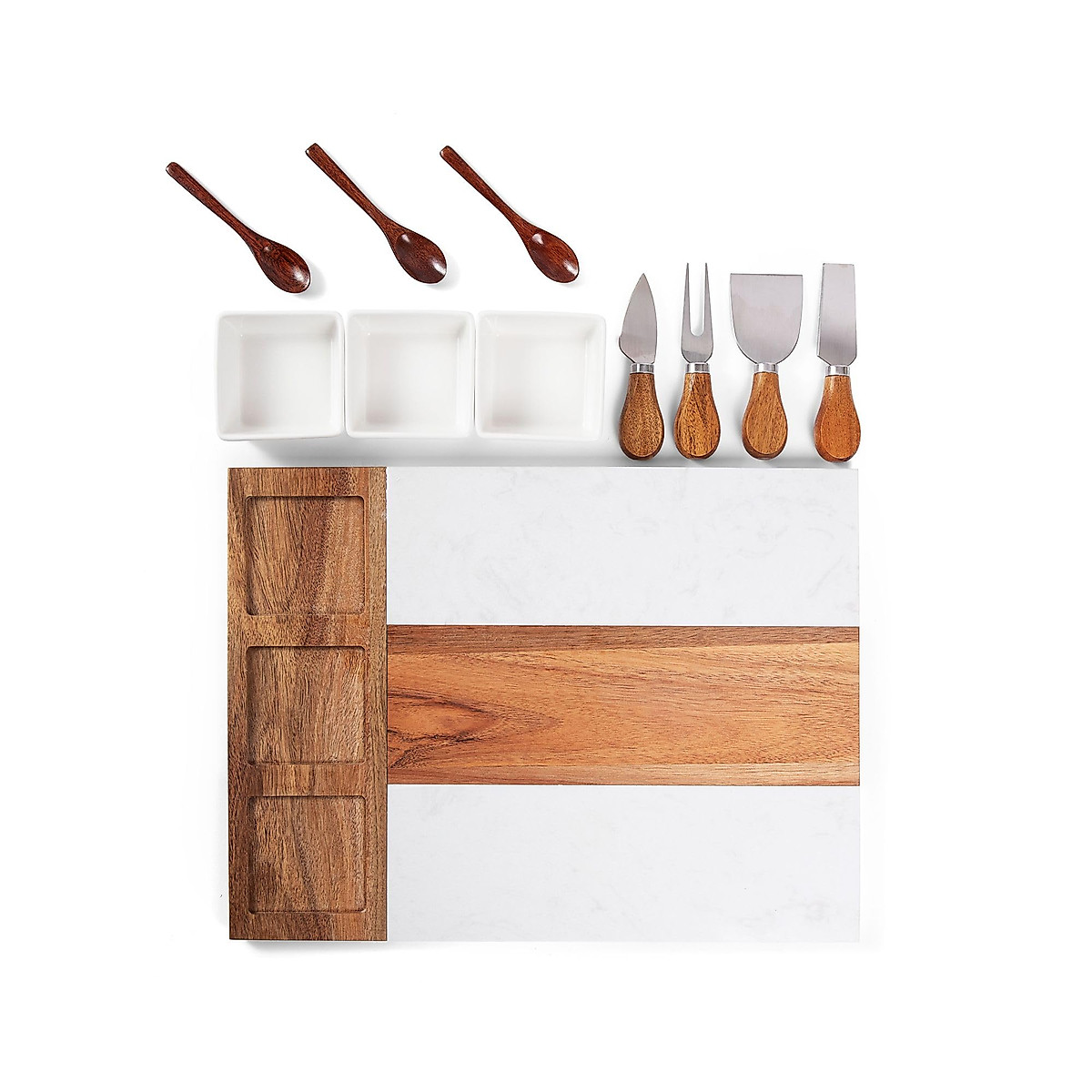 Acacia Wood and Marble Charcuterie Board Set - 11 Piece Cheese Board Serving Platter - Includes Knives, Bowls, Spoons - Gift Appetizer Board with Accessories - Housewarming and Holiday Unique Gift