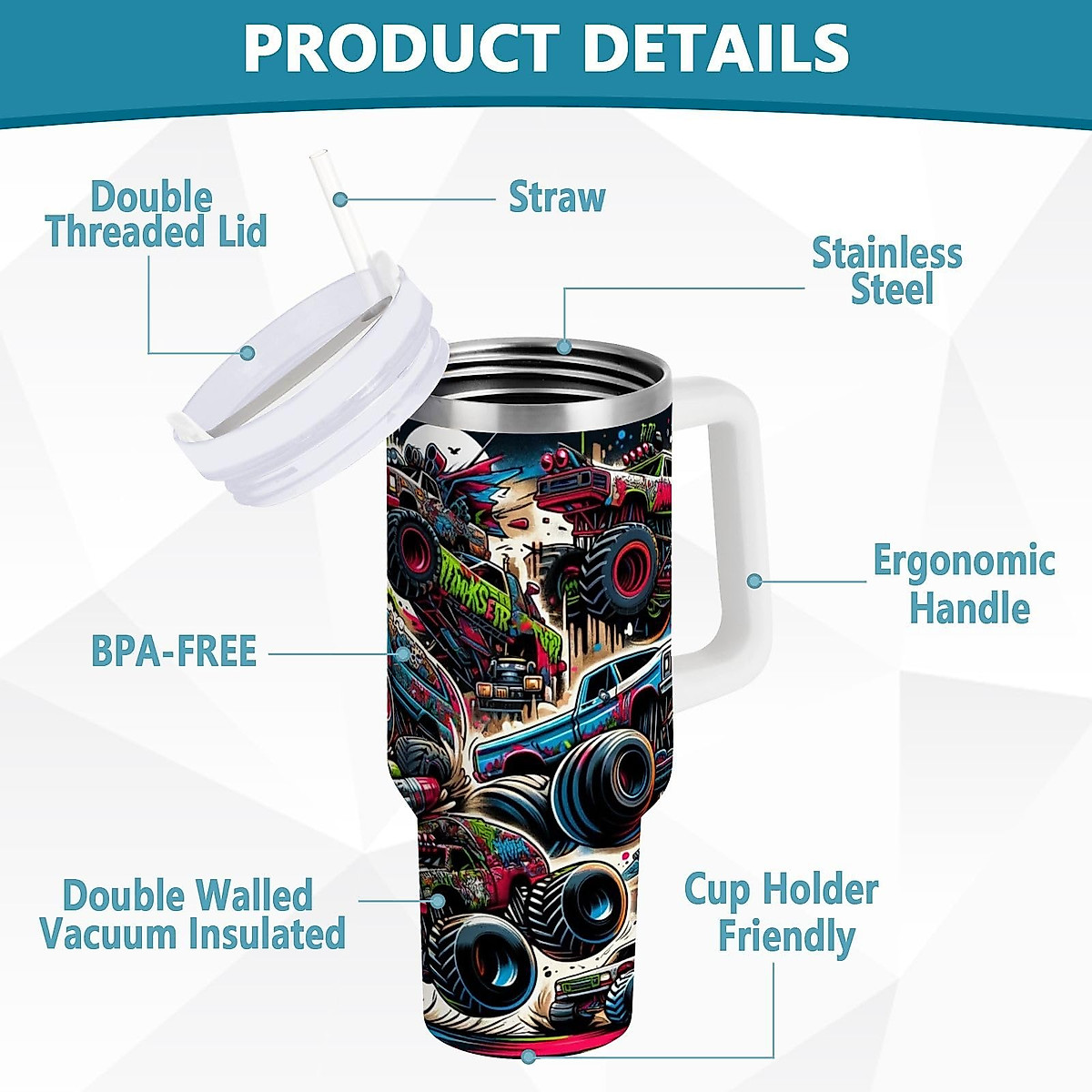 ALAZA Monster Trucks Cartoon Graffiti 40 oz Tumbler Stainless Steel Water Bottle Vacuum Insulated Cup with Straw Lid & Handle For Travel Car Cup Holder