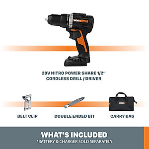 Worx Nitro 20V 1/2" Cordless Brushless Drill Driver 535 in-lbs. Torque and Heavy-Duty 1/2" Chuck, Drill Set with Storage Bag, Cordless Drill Power Share Compatible WX102L – Tool Only