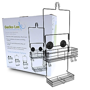 Gecko-Loc Extra Long Wide Adjustable Length over the showerhead hanging shower caddy organizer - for Shampoo, Soap, & Razors - Black
