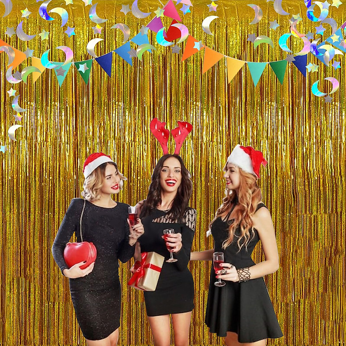 Foil Fringe Curtain Backdrop Glitter Fringe Rain Curtain for Party/Birthday/Graduation Decorations and New Year Eve Set of 2. 3.2ft x 9.8 ft(Gold)