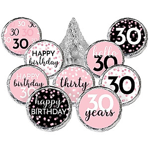 Pink, Black, and White 30th Birthday Party Favor Chocolate Kisses Candy Stickers -180 Count