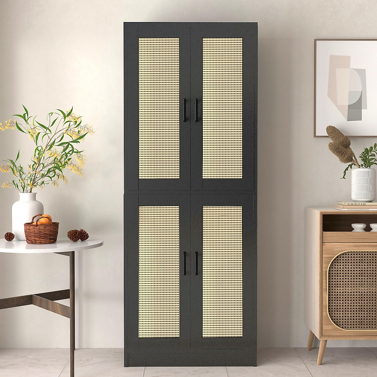 DIYART Black Rattan Kitchen Pantry Cabinet, 71" Tall Kitchen Pantry Storage Cabinet with Doors, Boho Kitchen Pantry Hutch with Storage for Kitchen, Dining Room