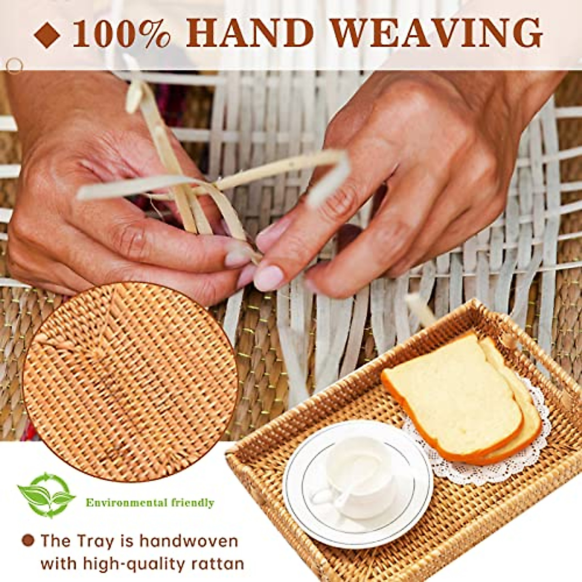 Rectangular Rattan Serving Tray with Handles, Handwoven Wicker Decorative Display Serving Platters for Coffee, Breakfast, Drinks, Snack Multi-Purpose Dining Table Desktop Organiser Tray(S)